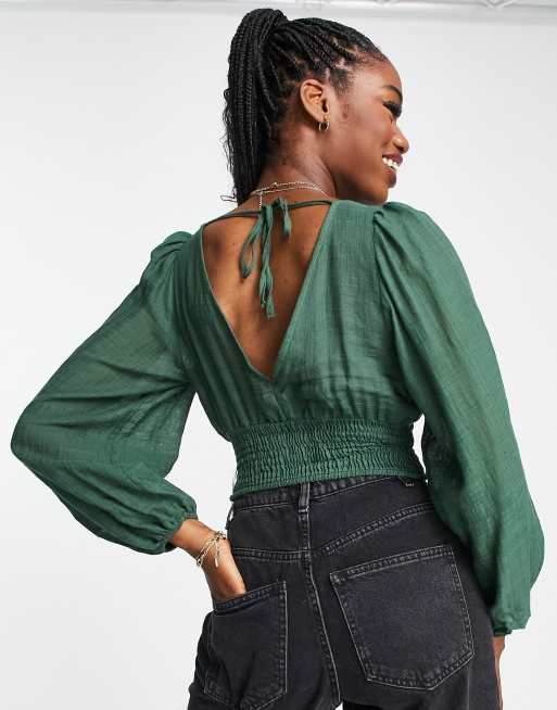Pullandbear Satin Button Detail Romantic Blouse In Bottle Green Asos