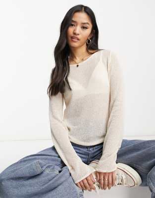 Pull&Bear straight neck sheer top in ecru | ASOS