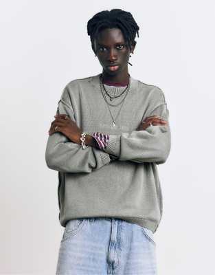 Pull&Bear Stwd studio embroidered jumper in faded black | ASOS
