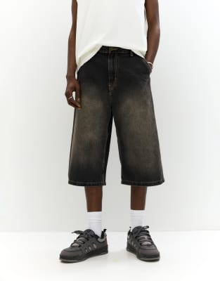 Pull&Bear Super baggy stwd jorts in faded black | ASOS