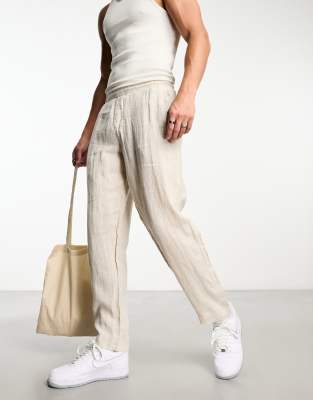 Pull&Bear wide leg linen pants in stone | ASOS
