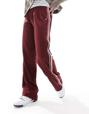 Pull&Bear wide leg side stripe trackies in burgundy | ASOS