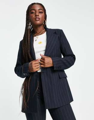 Pull&Bear – Zweireihiger Blazer in Marineblau mit Nadelstreifen, Kombiteil | ASOS