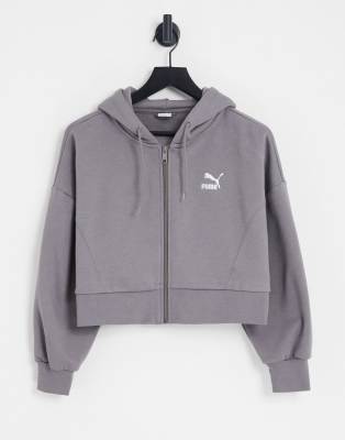 Puma boxy cropped zip through hoodie in storm grey - exclusive to ASOS ...