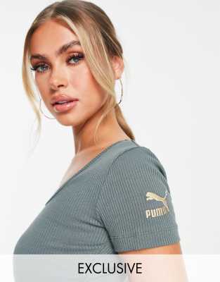 Puma - Crop top côtelé à encolure carrée - Vert profond | ASOS