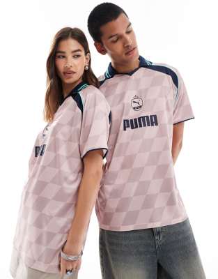 Puma Diamond Print Football jersey in pink and off white - exclusive to ...