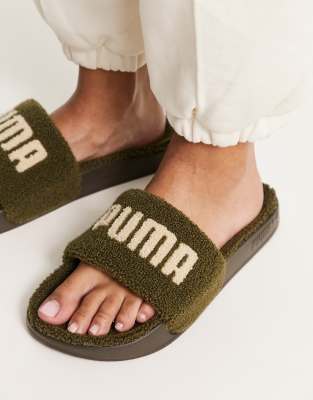 Puma - Leadcat - Sliders in pile borg kaki e color avena | ASOS