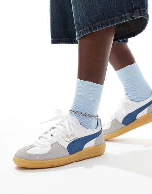 Puma Palermo leather trainers in white and blue | ASOS