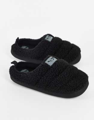 PUMA Scuff sherpa slippers in black | ASOS