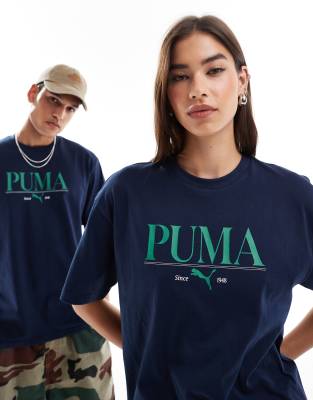 Puma Terrace central logo t-shirt in navy and green | ASOS