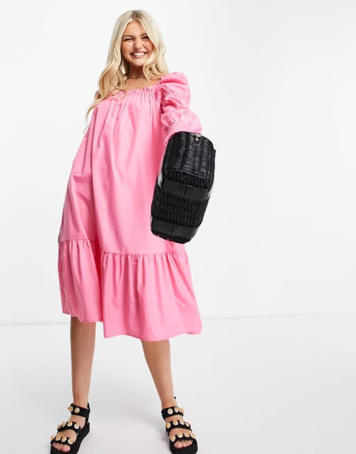 QED London cotton poplin midi dress in bright pink | ASOS