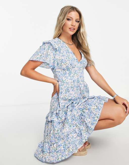 Qed London Flutter Sleeve Tiered Mini Dress In Blue Floral Asos