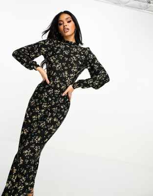 QED London - Hoogsluitende midi jurk met open achterkant in zwarte bloemenprint | ASOS