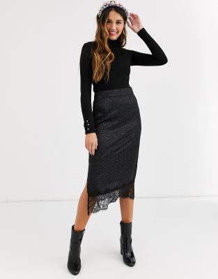 QED London - Jupe mi-longue avec ourlet en dentelle - Noir | ASOS