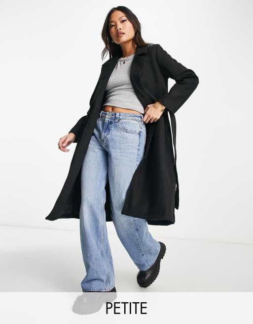 QED London Petite belted longline coat in black | ASOS