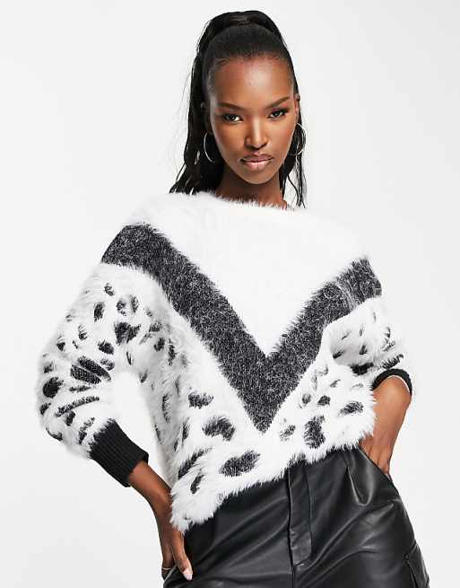 QED London - Pull en maille duveteuse avec chevron et imprimé animal ... QED London - Pull en maille duveteuse avec chevron et imprimé animal ...