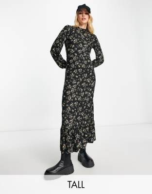 QED London Tall - Robe mi-longue à col montant avec ceinture nouée à la taille - Noir fleuri | ASOS