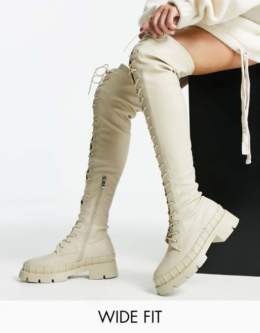 RAID Wide Fit Oakford lace up over the knee second skin boots in ecru ...