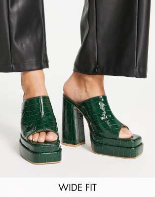 RAID Wide Fit Piya platform heel mules in green croc | ASOS