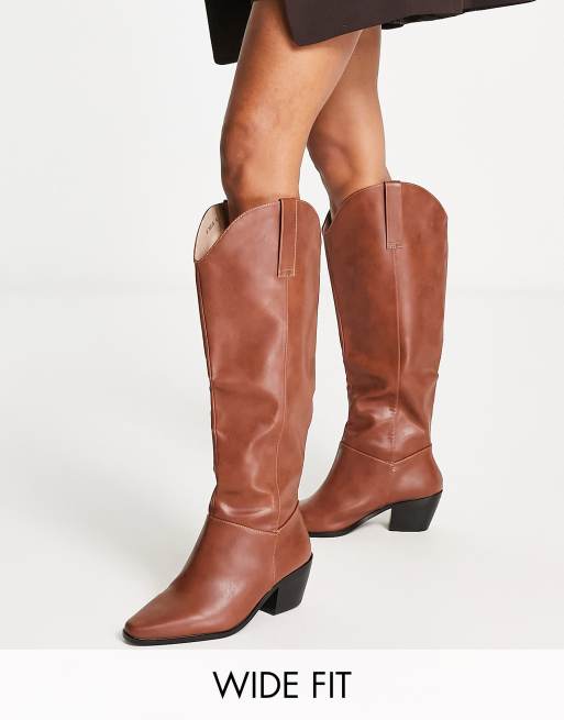 Raid Wide Fit Taylor Western Style Knee Boots In Brown Asos