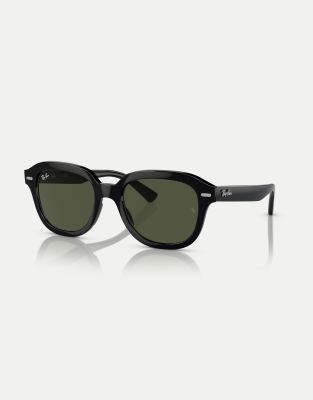 Ray-Ban erik square sunglasses in black with green lens in black | ASOS
