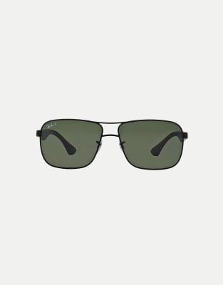 Ray-Ban Rb3516 square polarised sunglasses with green lens in black | ASOS