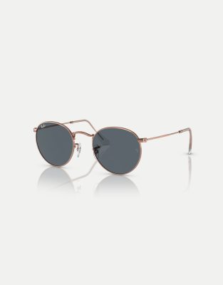 Ray-Ban round metal rose gold round sunglasses in gold with blue lens ...