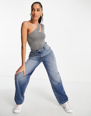 Rebellious Fashion slinky cut out one sleeve bodysuit in dark grey | ASOS