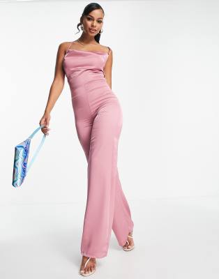 Rebellious Fashion - Tuta jumpsuit in raso rosa polvere con scollo ad ...