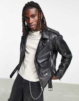 Reclaimed Vintage - Blouson en cuir style motard avec finitions en métal - Noir | ASOS