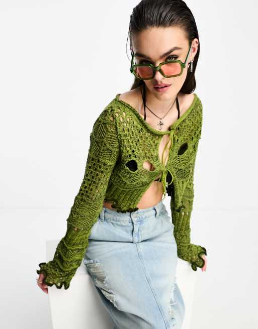 Reclaimed Vintage - Boléro en maille échelle noué devant - Kaki délavé | ASOS