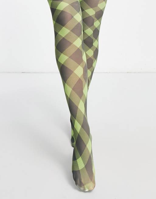 Reclaimed Vintage Inspired Check Print Tights In Green Asos