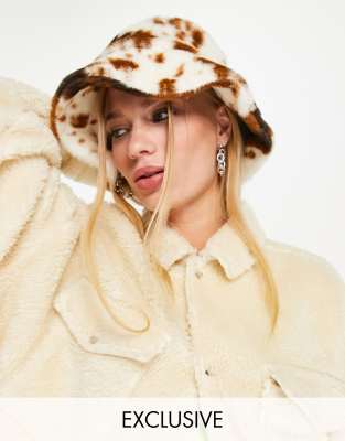 Reclaimed Vintage Inspired Oversized Faux Fur Bucket Hat In Cow Print ...