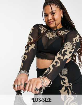 Reclaimed Vintage inspired Plus long sleeve tattoo print mesh top co ...