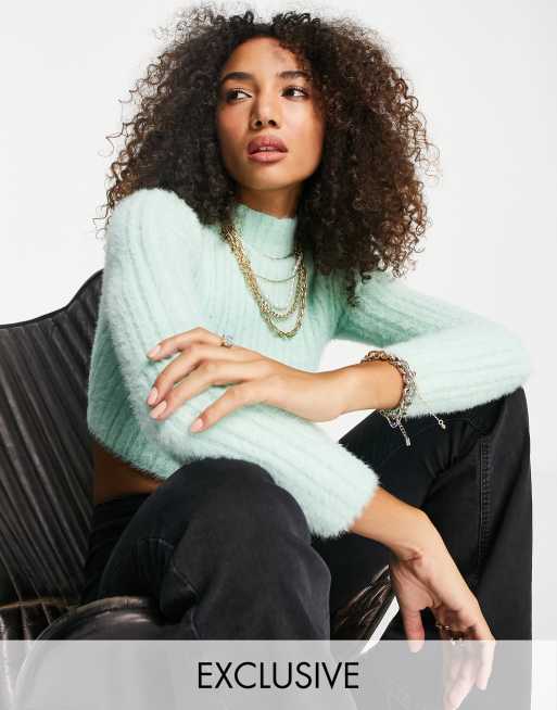 Reclaimed Vintage Inspired - Pull d'ensemble à col montant en maille côtelée duveteuse - Vert ...