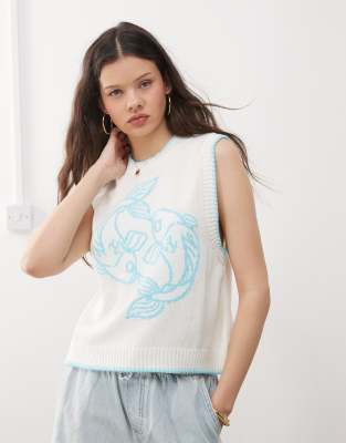 Reclaimed Vintage knit tank with fish print in white and aqua blue | ASOS