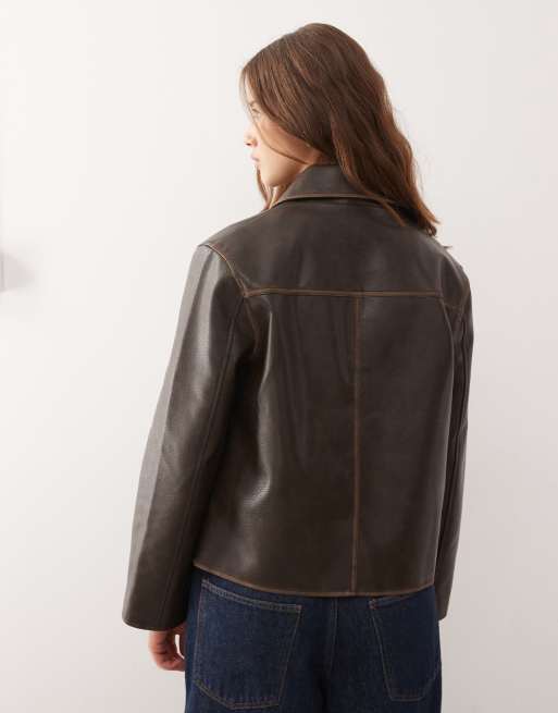 Reclaimed Vintage leather look boxy biker jacket in chocolate brown | ASOS