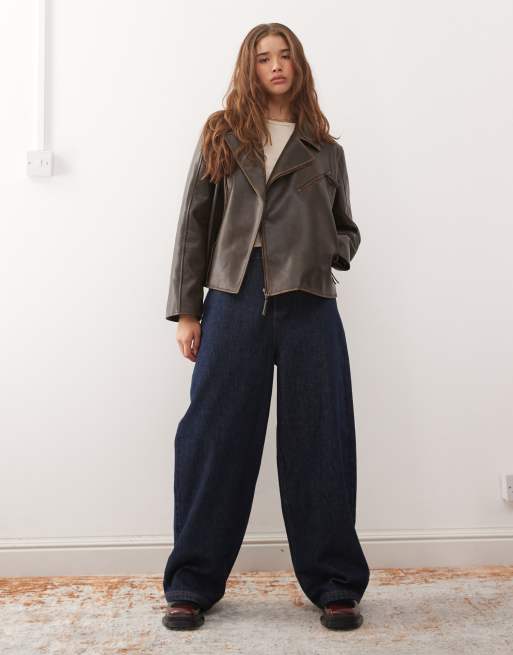Reclaimed Vintage leather look boxy biker jacket in chocolate brown | ASOS