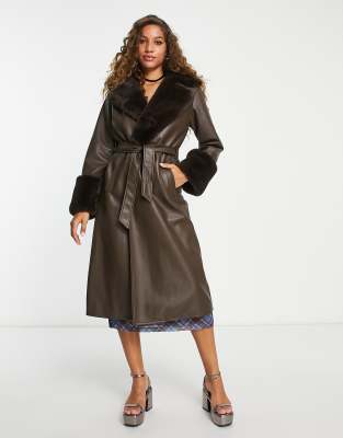 Reclaimed Vintage longline leather look trench with detachable faux fur ...