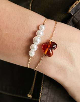 Reclaimed Vintage Pearl And Amber Heart Puller Bracelets In Gold | ModeSens