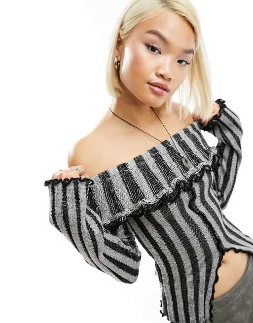 Reclaimed Vintage Pleated Rib Knit Off Shoulder Sweater In Gray Asos
