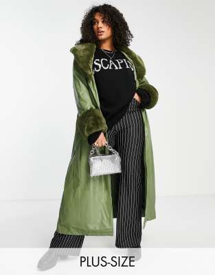 Reclaimed Vintage Plus longline leather-look trench coat with detachable faux-fur collar in sage ...