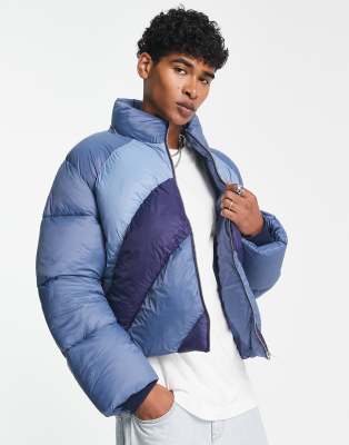 Reclaimed Vintage puffer jacket in colourblock blue | ASOS