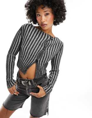 Reclaimed Vintage slash neck plated rib knit cardigan with button ...