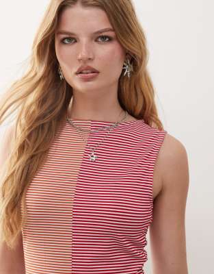 Reclaimed Vintage slash neck tank in spliced pink and orange stripe ...