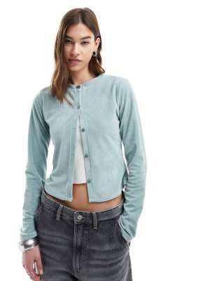 Reclaimed Vintage slim fit velvet cardigan in blue | ASOS