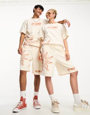 Reclaimed Vintage unisex celestial trackie shorts in ecru (part of a set) | ASOS
