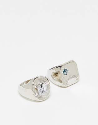 Reclaimed Vintage unisex crystal signet ring 2 pack in silver | ASOS