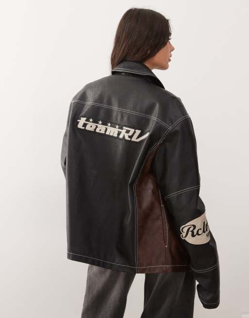 Reclaimed Vintage unisex leather look moto jacket in black and brown | ASOS