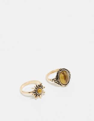 Reclaimed Vintage unisex ring 2 pack with sun and faux stone in gold | ASOS